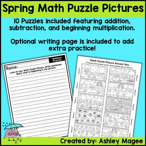 Spring Math Puzzle Pictures with Writing Activity | Made By Teachers