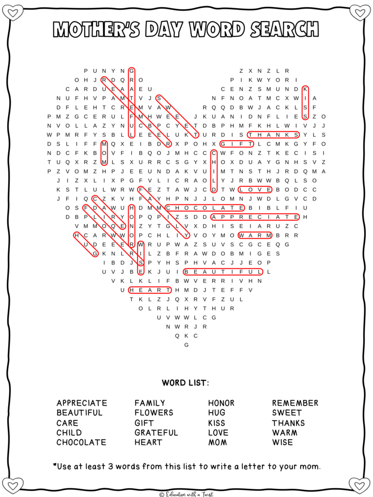 Mother's Day Word Search Activity Heart | Made By Teachers