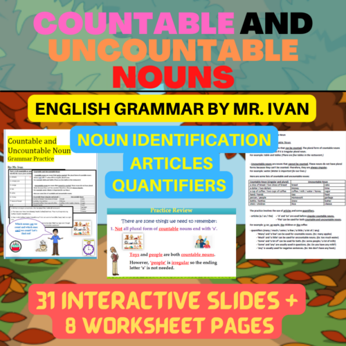 Countable - Uncountable Nouns for Power Point Slides and PDF Worksheets ...