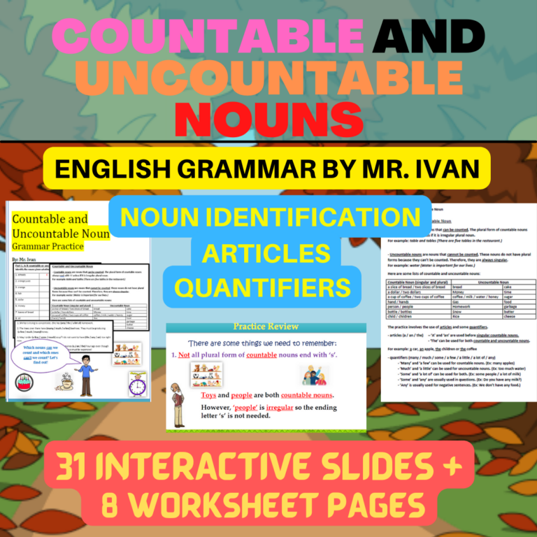 Countable - Uncountable Nouns for Power Point Slides and PDF Worksheets ...