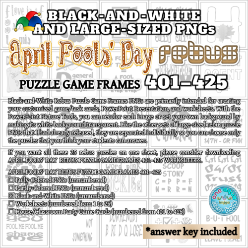 Black-and-White Rebus Puzzle Game Frames 101–125 PNGs - Made By Teachers