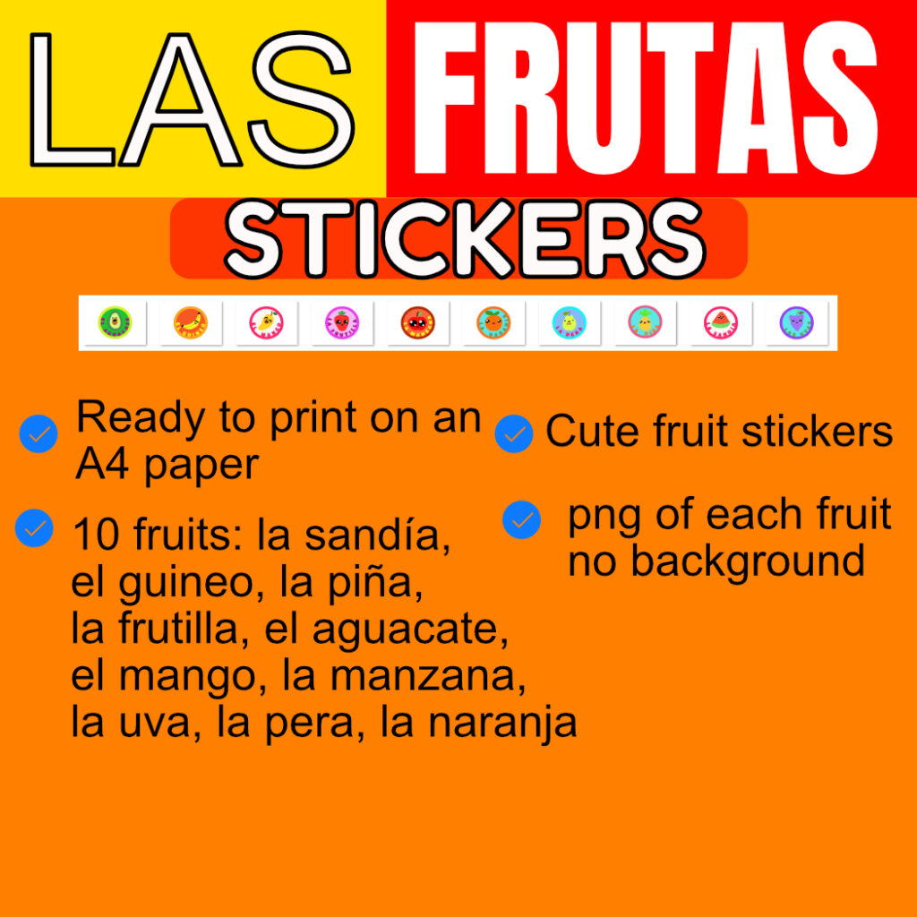 Cute fruits in Spanish stickers las frutas Spanish classroom decor ...