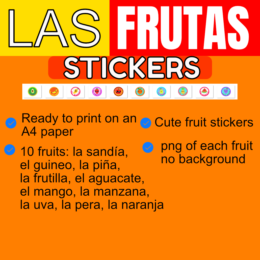 Cute fruits in Spanish stickers las frutas Spanish classroom decor ...
