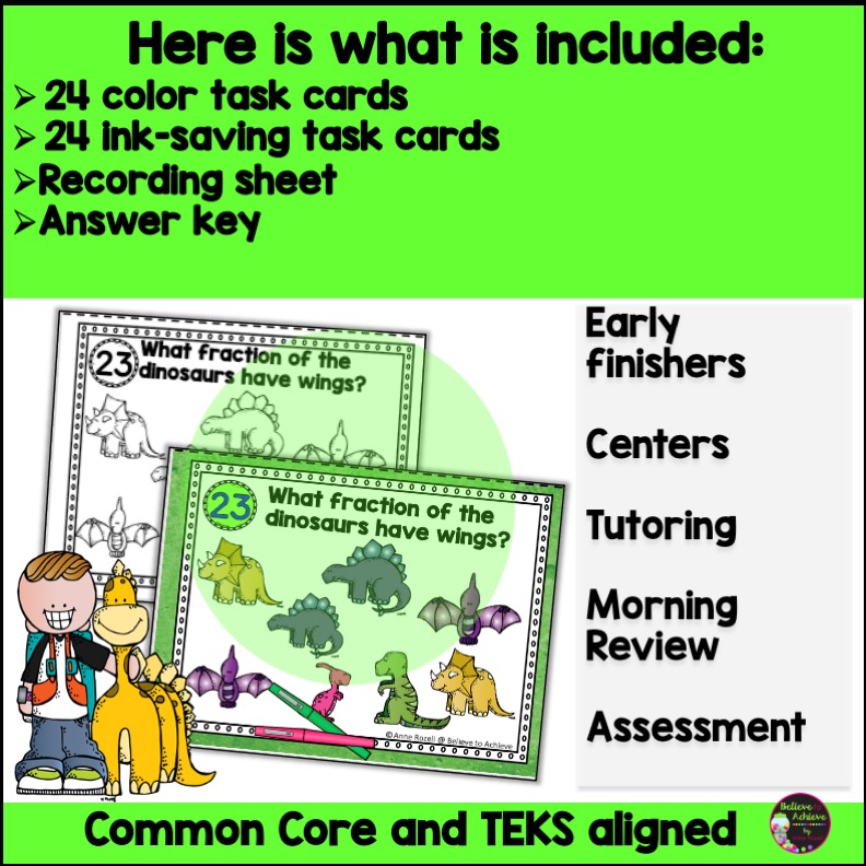 Fractions as Part of a Set Task Cards | Dinosaur Theme | Made By Teachers