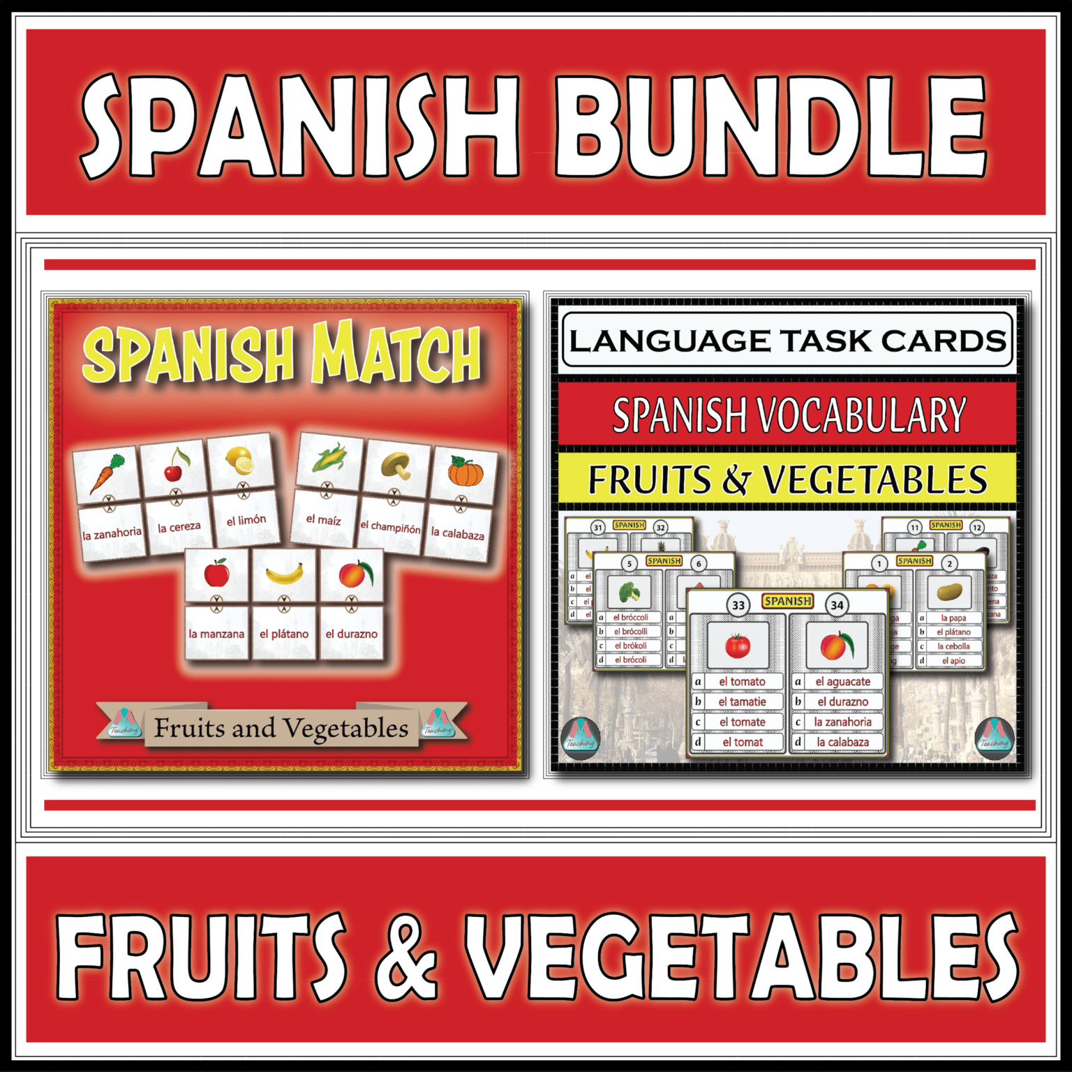 Spanish Match & Task Cards - Fruits & Vegetables Bundle | Made By Teachers
