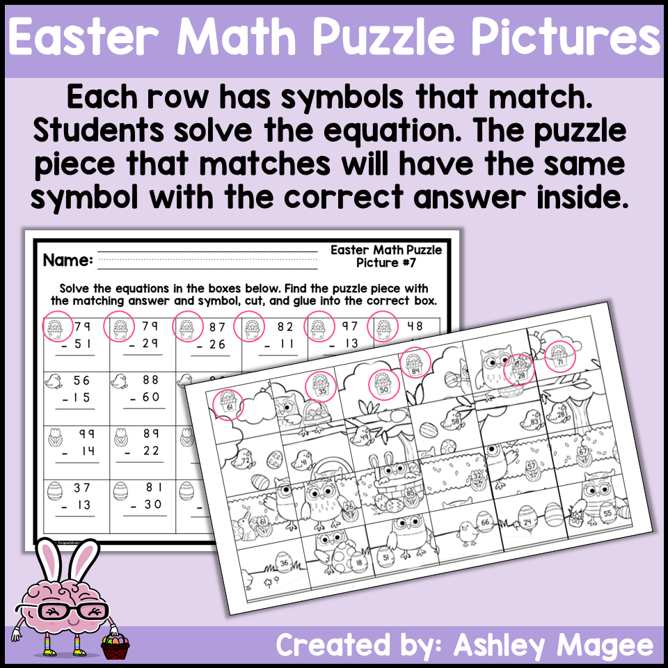 Easter Math Puzzle Pictures with Writing Activity: Addition, Subtract ...