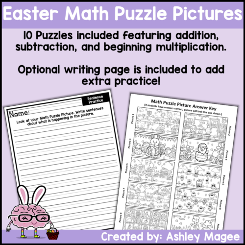 Easter Math Puzzle Pictures with Writing Activity: Addition, Subtract ...