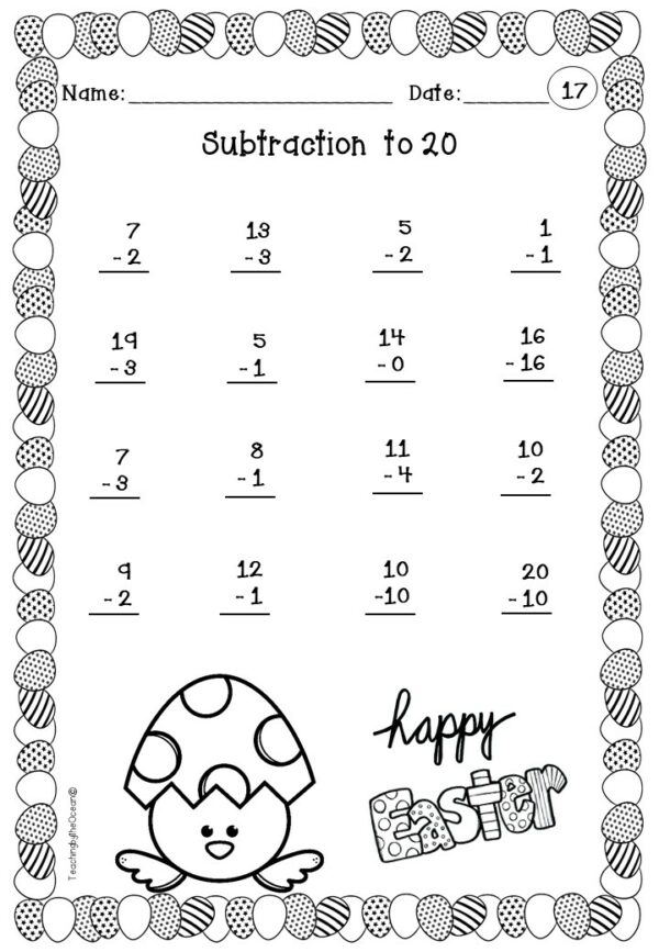 Easter Subtraction to 20 Fact Fluency Worksheets - Made By Teachers