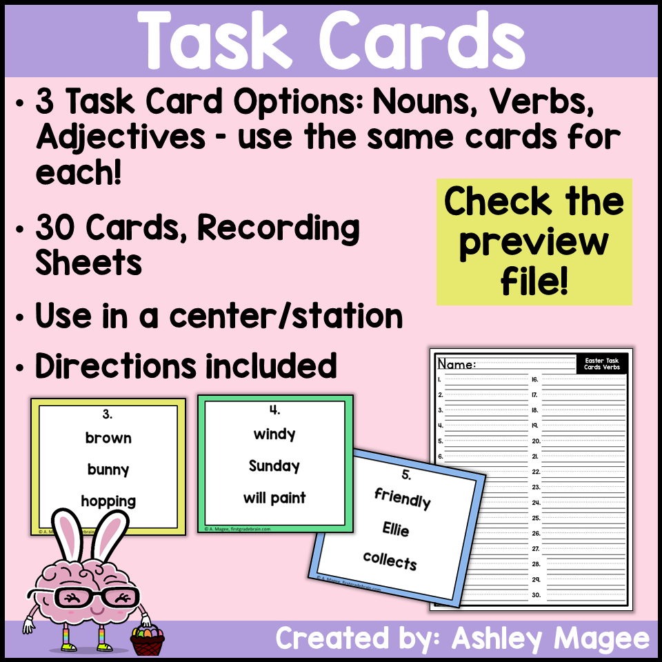 Easter Grammar Scoot Game Task Card Center Nouns Verbs and Adjectives ...