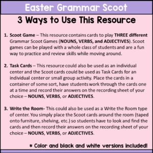 Easter Grammar Scoot Game Task Card Center Nouns Verbs and Adjectives ...