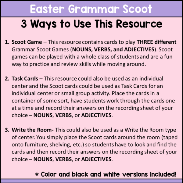 Easter Grammar Scoot Game Task Card Center Nouns Verbs and Adjectives ...