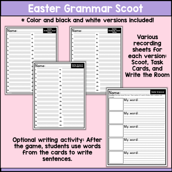 Easter Grammar Scoot Game Task Card Center Nouns Verbs and Adjectives ...