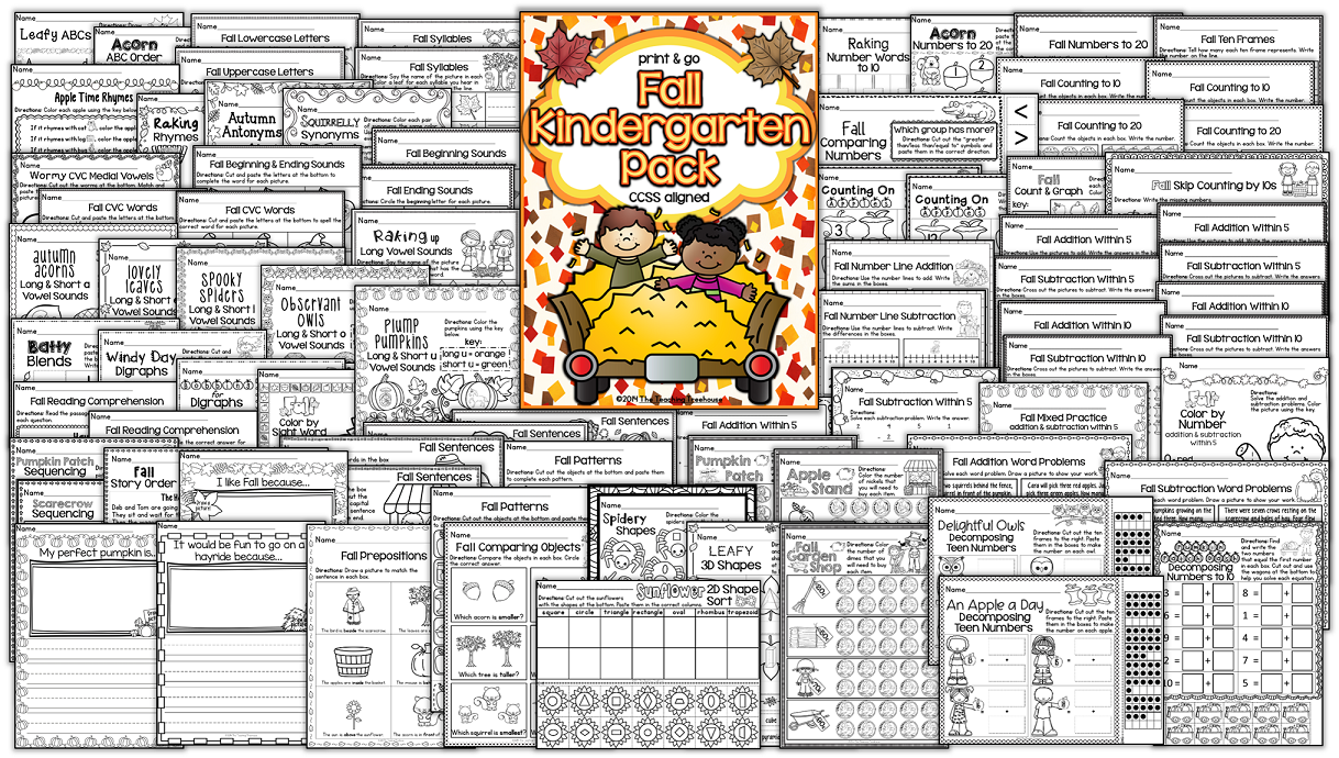 Fall Kindergarten Pack, No Prep, CCSS Aligned - Made By Teachers