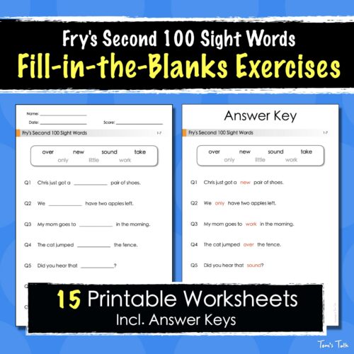 Fry's Second 100 Sight Words Fill-in-the-Blanks Worksheets + More ...