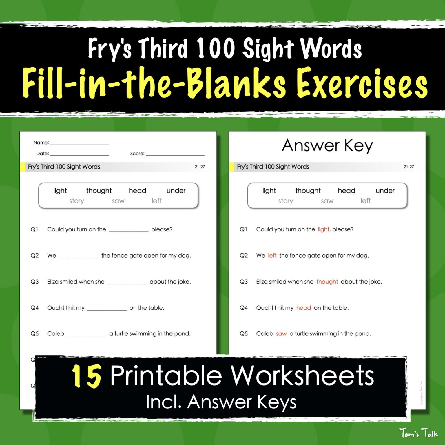Fry's Third 100 Sight Words Fill-in-the-Blanks Worksheets + More ...