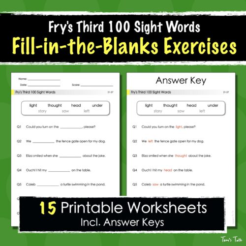 Fry's Third 100 Sight Words Fill-in-the-Blanks Worksheets + More ...
