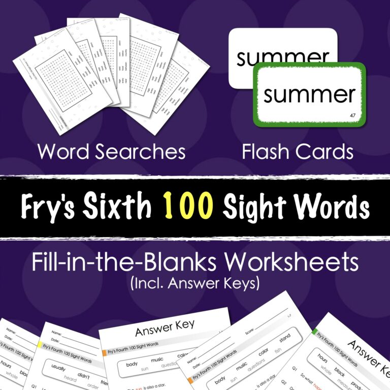 Fry's Sixth 100 Sight Words Fill-in-the-Blanks Worksheets + More ...