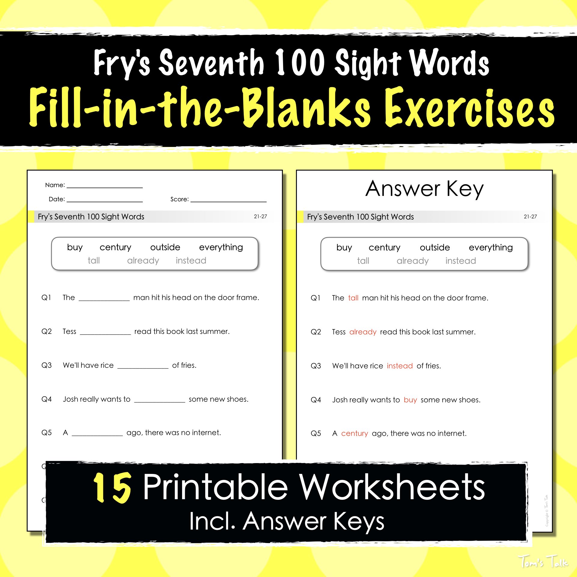 Fry's Seventh 100 Sight Words Fill-in-the-Blanks Worksheets + More ...