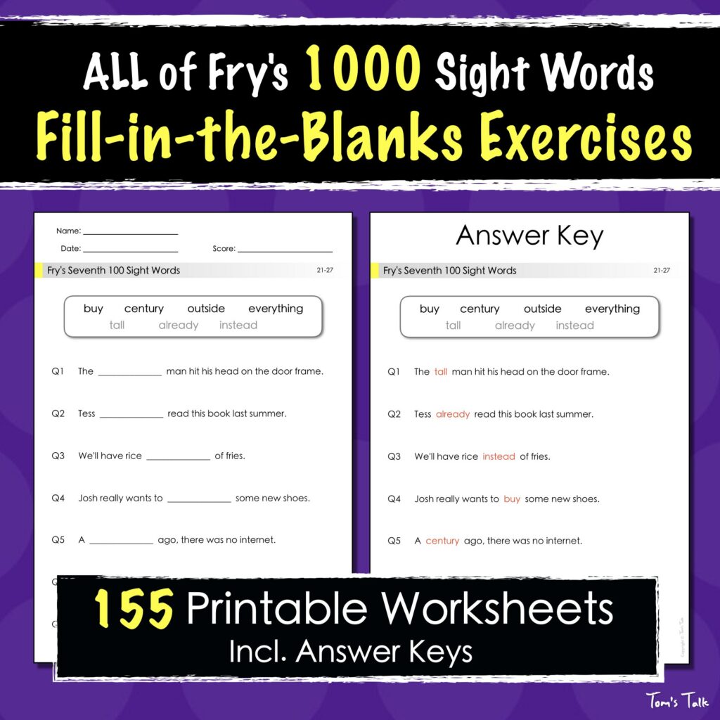 All of Fry's 1000 Sight Words Fill-in-the-Blanks Worksheets + More ...