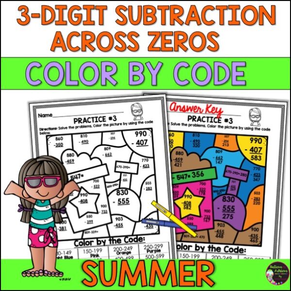 Summer 3 Digit Subtraction Across Zeros Color by Number - Made By Teachers
