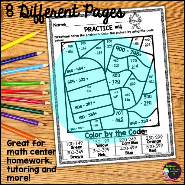 Summer 3 Digit Subtraction Across Zeros Color by Number | Made By Teachers