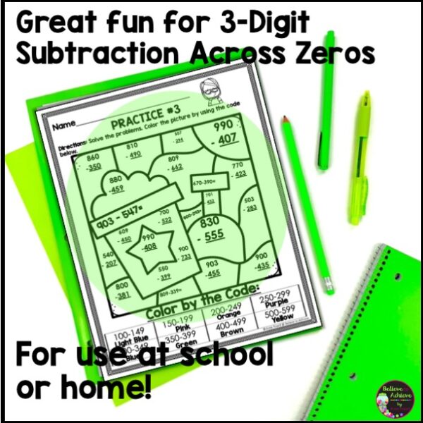 Summer 3 Digit Subtraction Across Zeros Color by Number - Made By Teachers