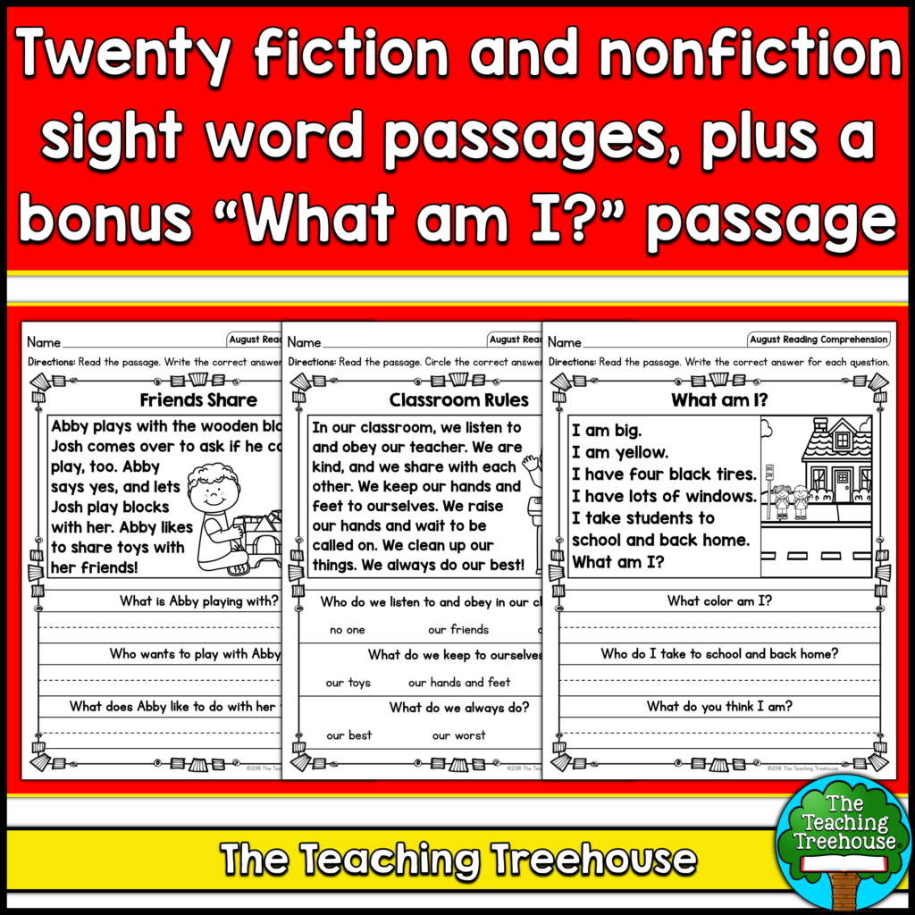 August Reading Comprehension Passages for Kindergarten and First Grade ...