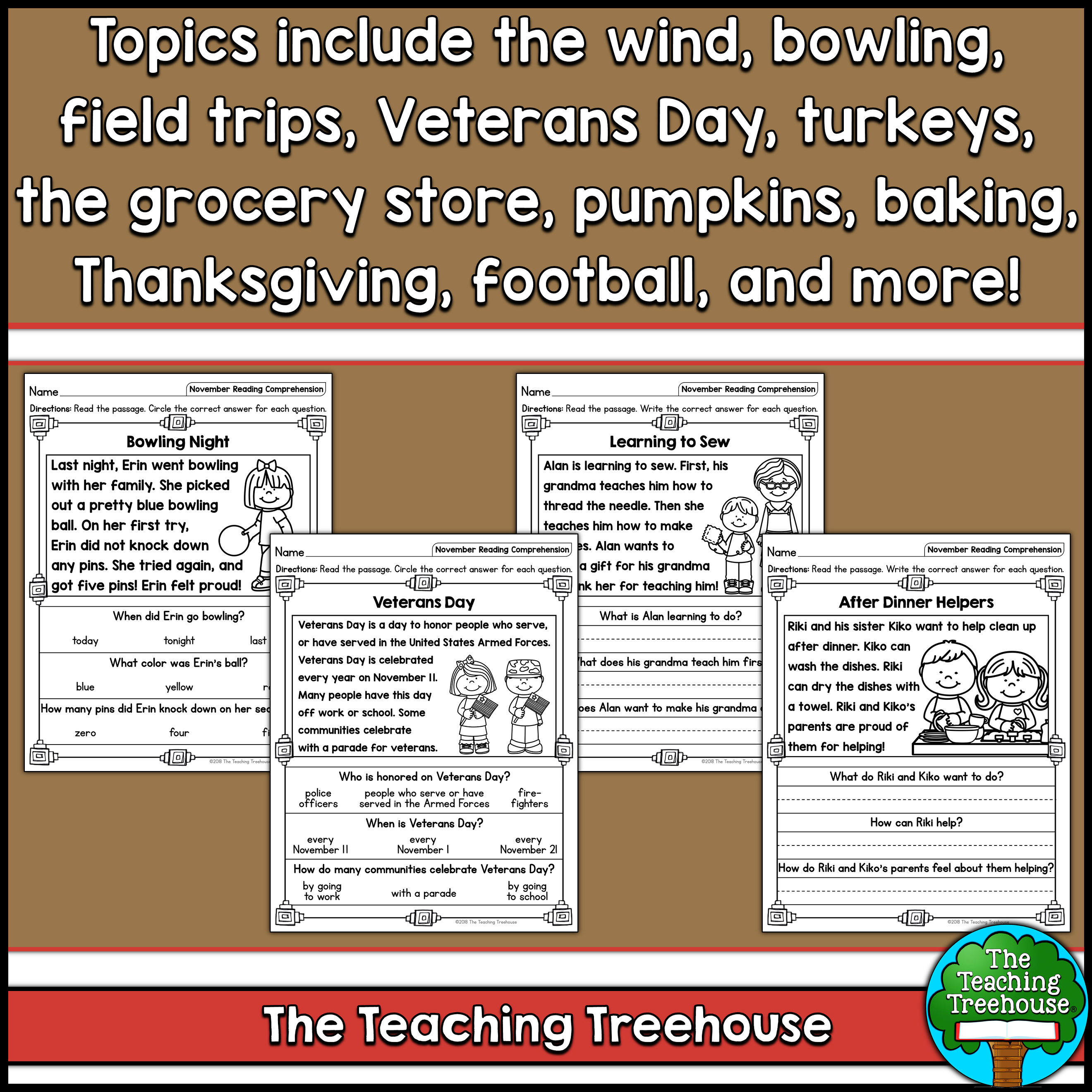 November Reading Comprehension Passages for Kindergarten and First ...