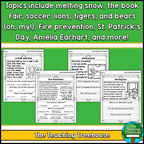March Reading Comprehension Passages for Kindergarten and First Grade ...