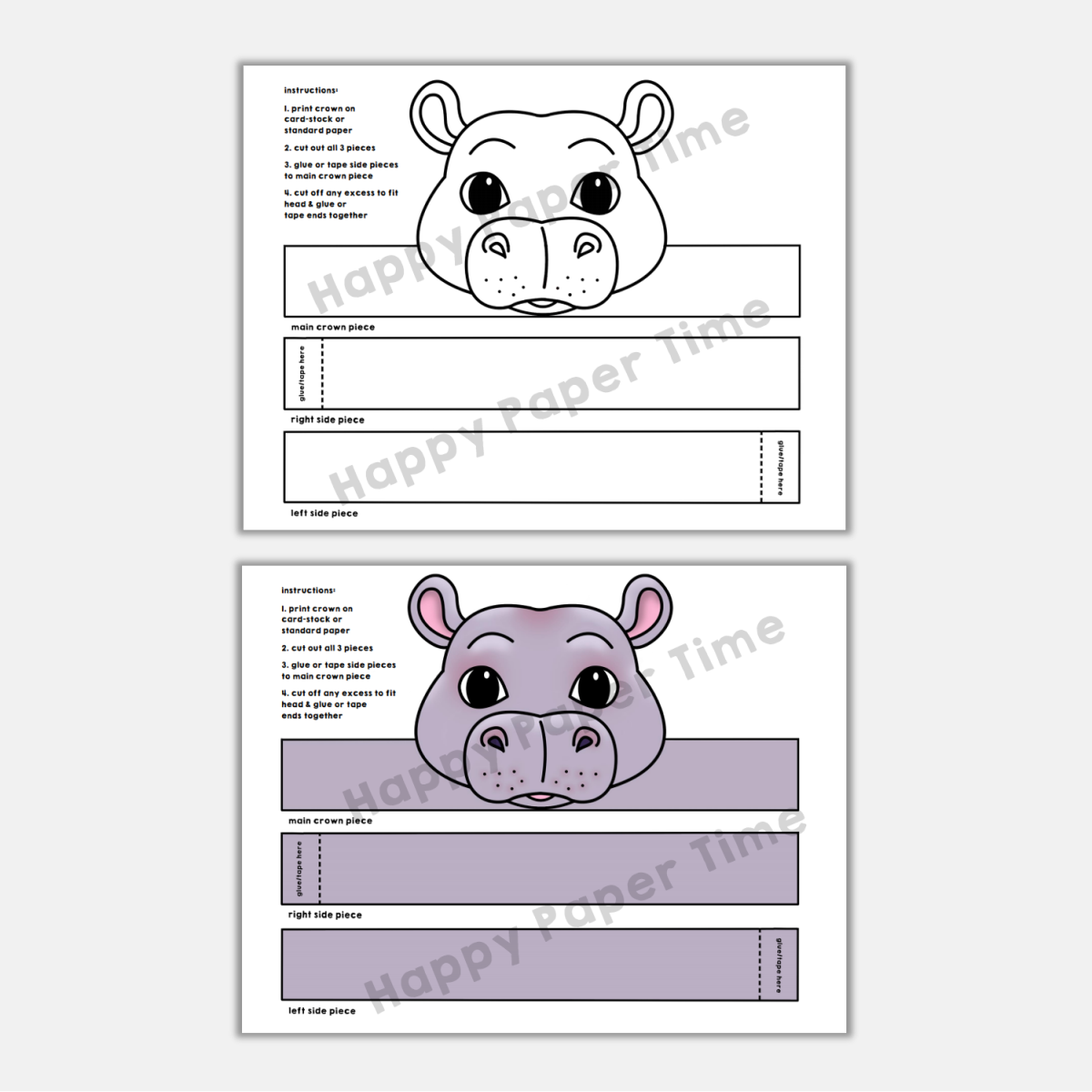 Hippo Paper Crowns Printable Africa Animal Coloring Craft | Made By ...