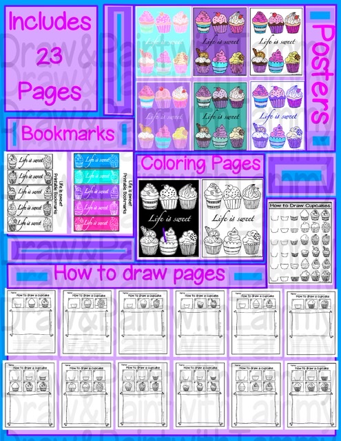 Life is sweet cupcake art, how to draw, bookmarks, posters and coloring ...