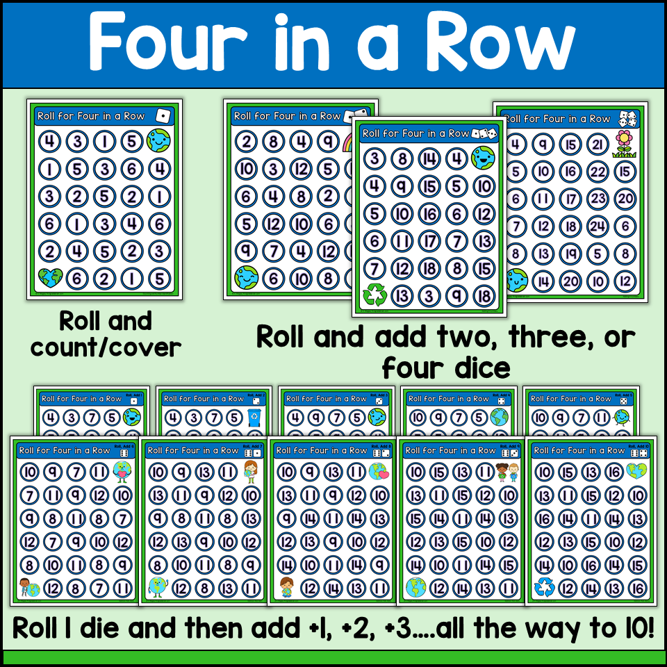 Earth Day Four in a Row Addition Game Math Center Roll and Add - Made ...