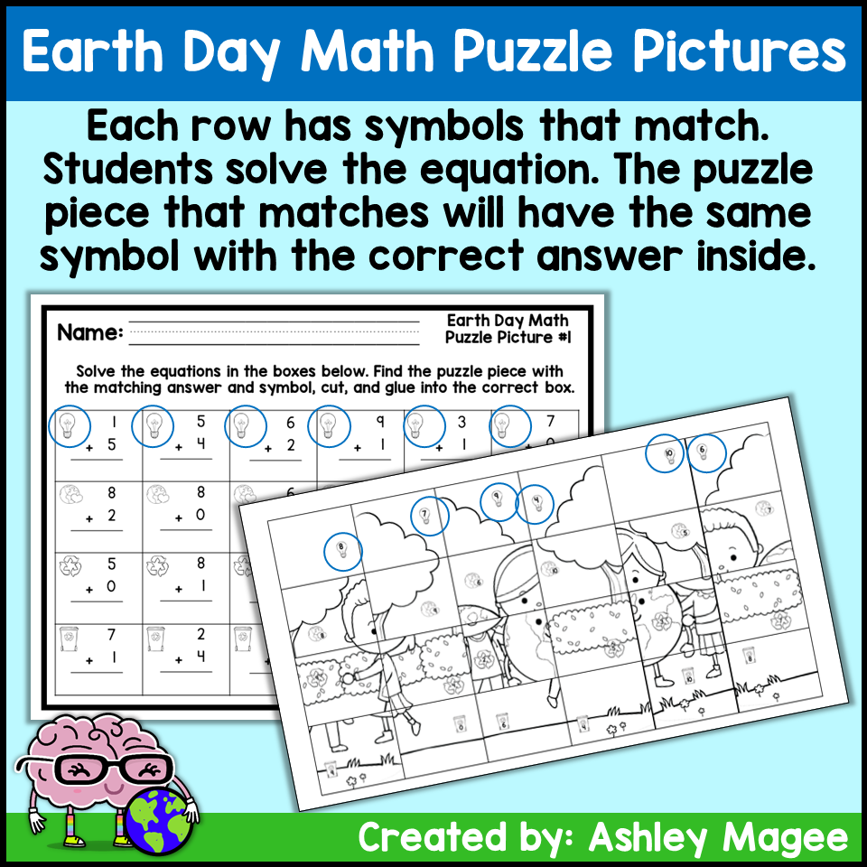 Earth Day Math Puzzle Pictures with Writing Activity: Addition ...