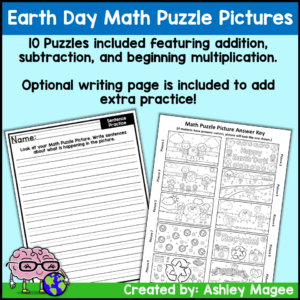 Earth Day Math Puzzle Pictures with Writing Activity: Addition ...