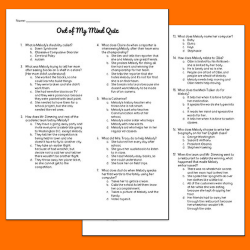 Out of My Mind (Sharon Draper)--Comprehension Test or Quiz | Made By ...