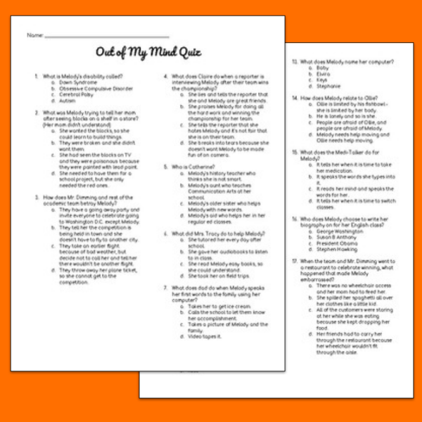 Out of My Mind (Sharon Draper)--Comprehension Test or Quiz | Made By ...