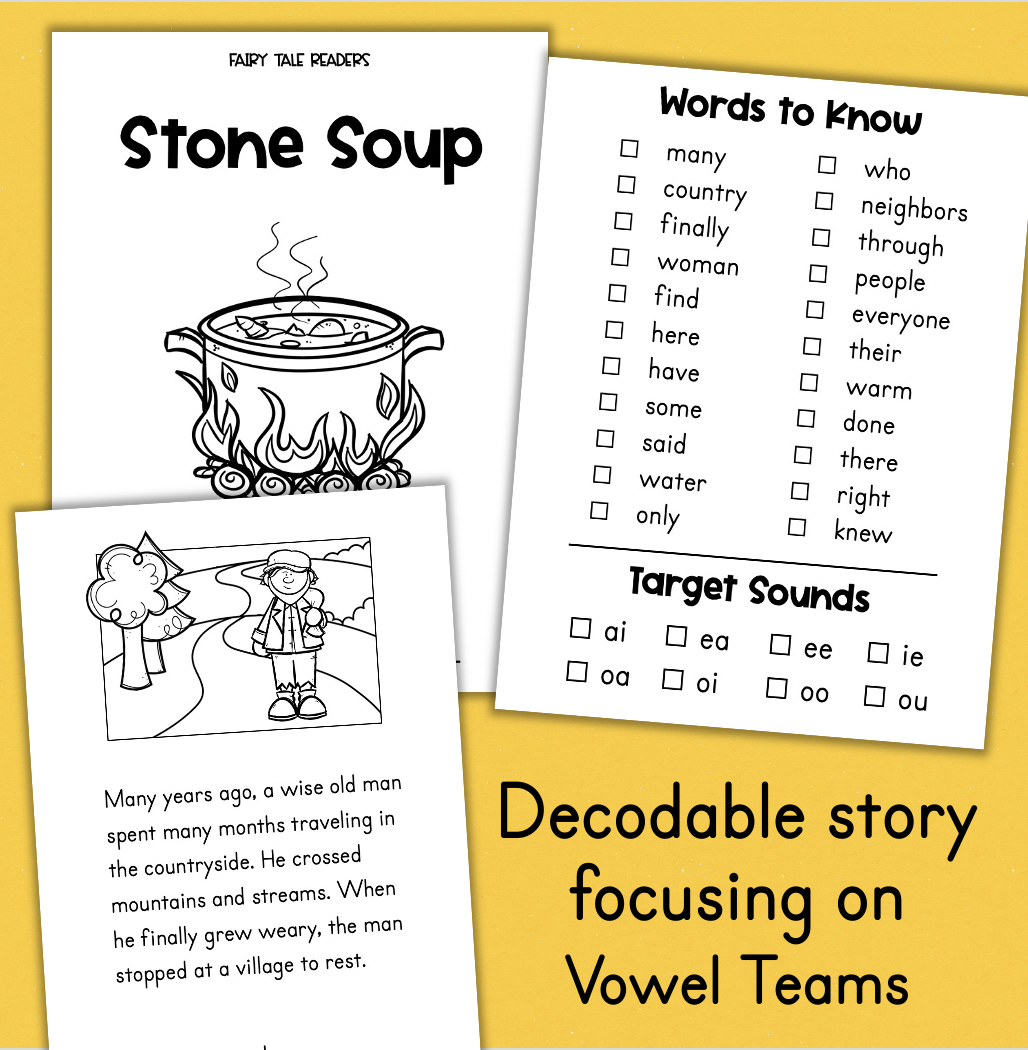 STONE SOUP Decodable Reader Worksheets Vowel Teams AI EA EE IE OA OI ...