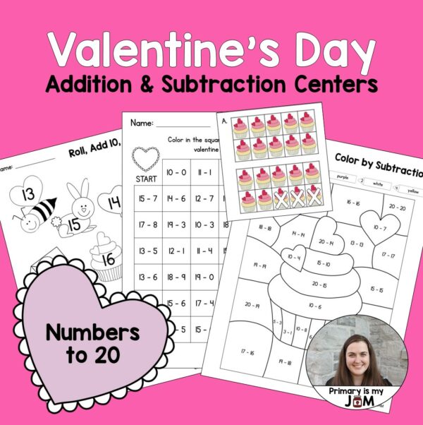 Valentine's Day themed Math Centers - Addition and Subtraction to 20 ...