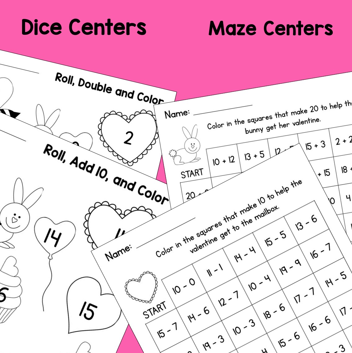 Valentine's Day themed Math Centers - Addition and Subtraction to 20 ...