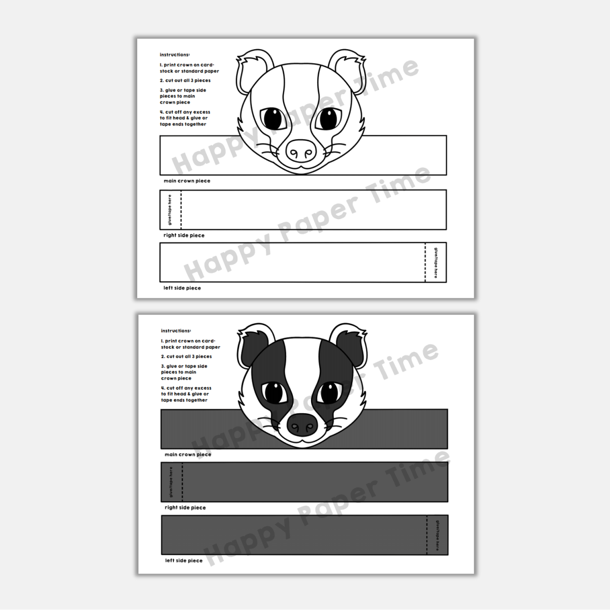 Badger Paper Crowns Printable Forest Animal Coloring Craft - Made By ...