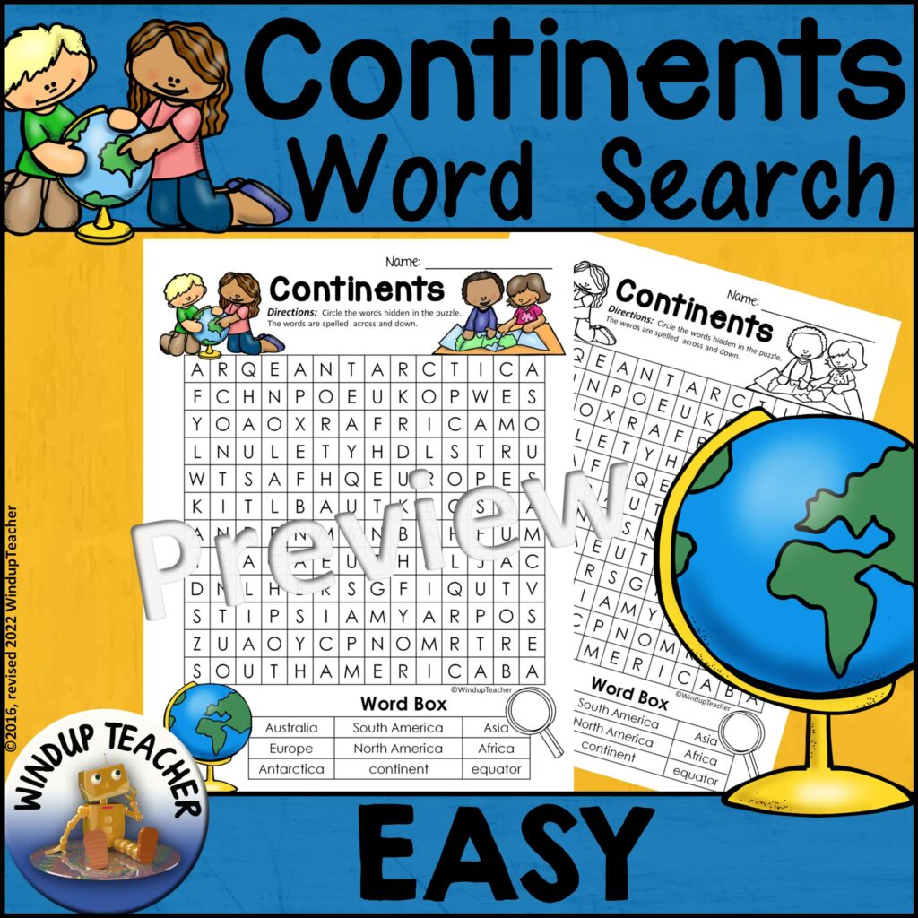 Continents Word Search Easy Puzzle | Made By Teachers