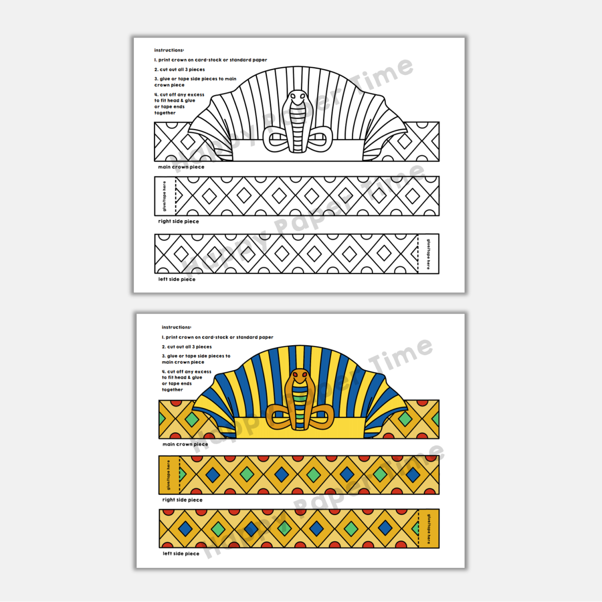Pharaoh Paper Hats Crowns Printable ancient Egypt Coloring Craft - Made ...