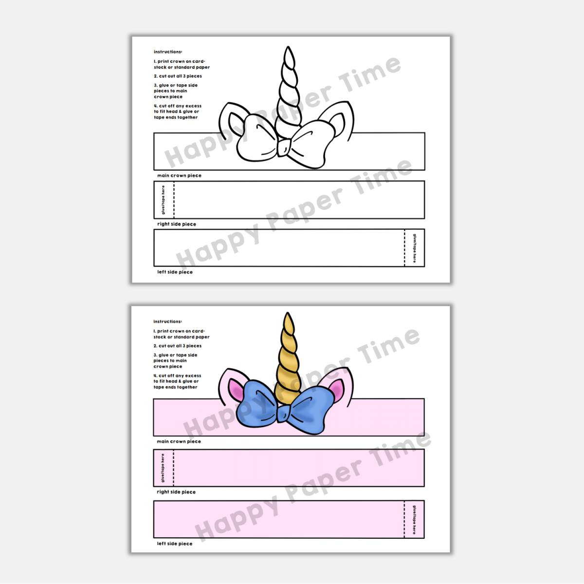 Unicorn Paper Crowns Printable Bow Coloring Craft Activity | Made By ...
