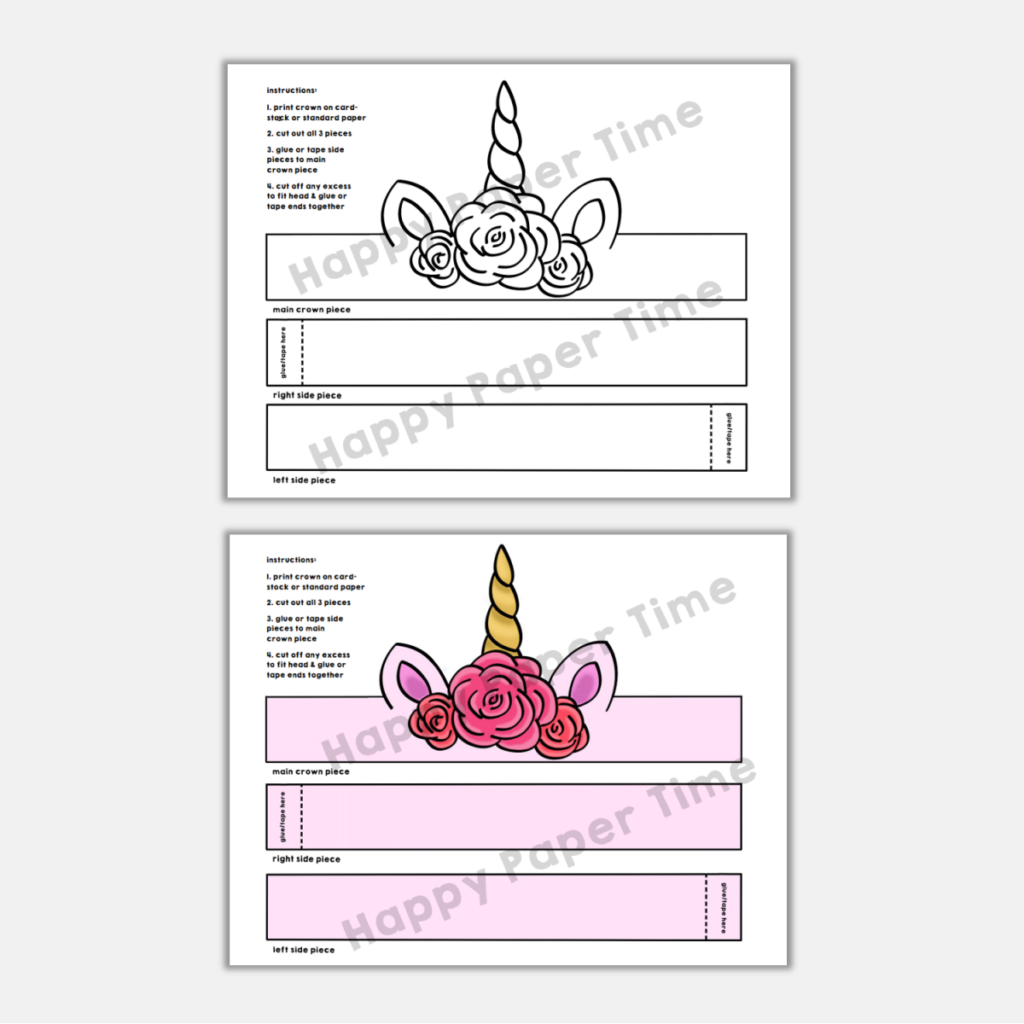 Unicorn Paper Crowns Printable Bow Flowers Coloring Craft Activity ...