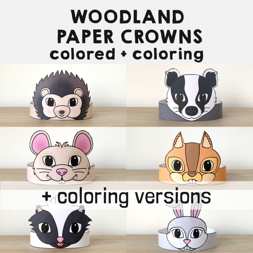 Woodland Animals Paper Crowns Printable Coloring Forest Craft Activity ...