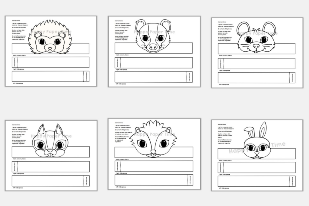 Woodland Animals Paper Crowns Printable Coloring Forest Craft Activity ...