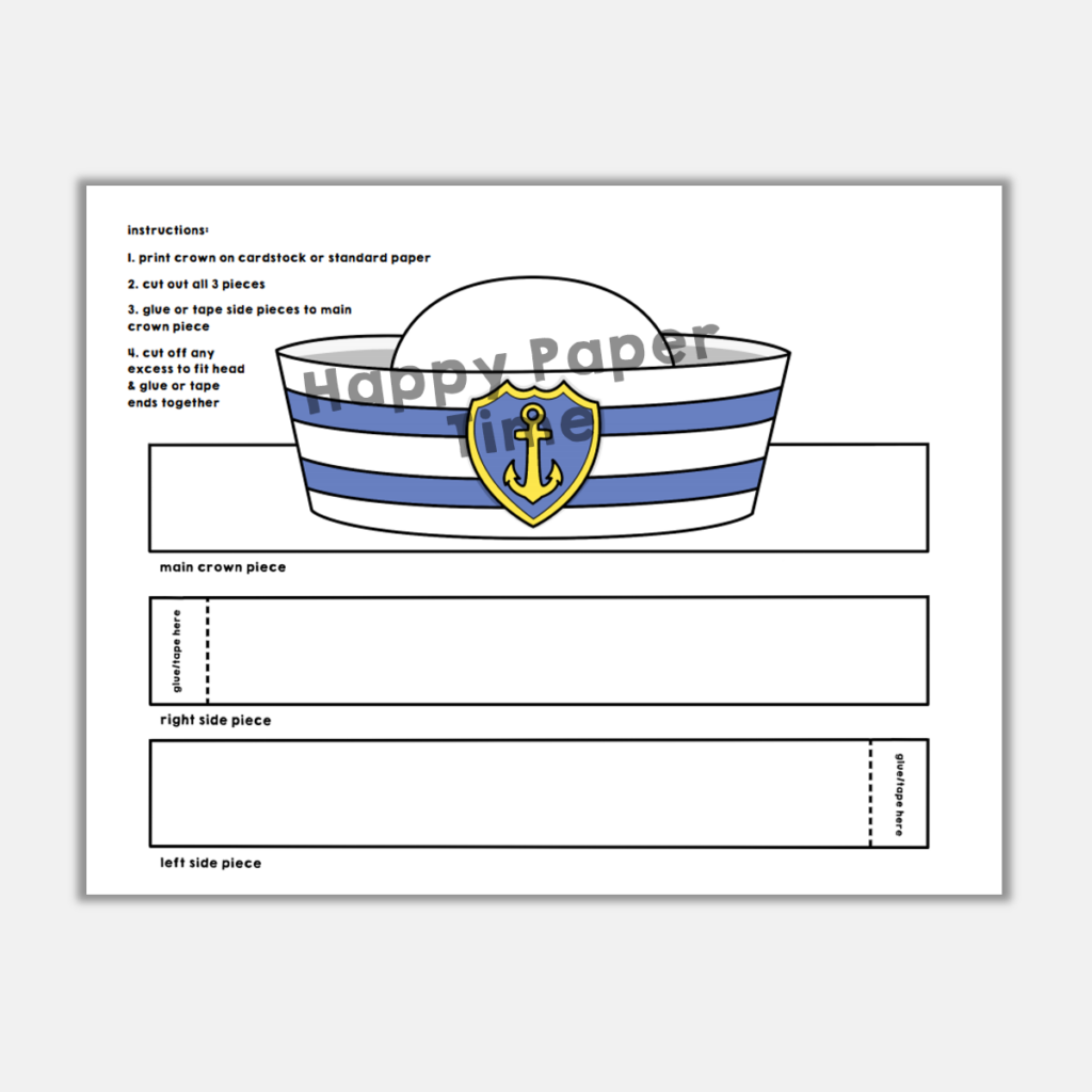 Sailor Cap Hat Paper Crown Printable Costume Craft Activity | Made By ...
