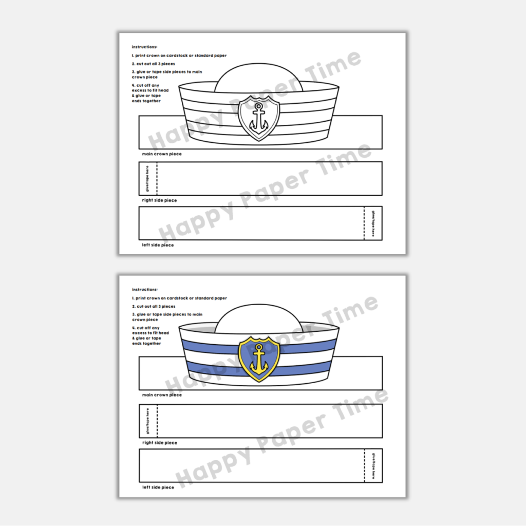 Sailor Cap Hat Paper Crowns Printable Coloring Craft Activity | Made By ...