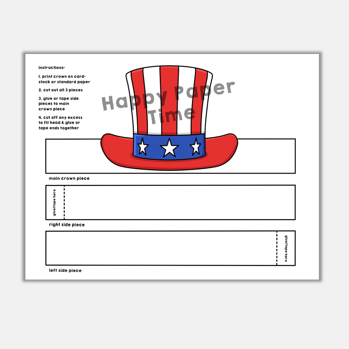 Uncle Sam Hat Paper Crown Printable America Costume Craft Activity ...