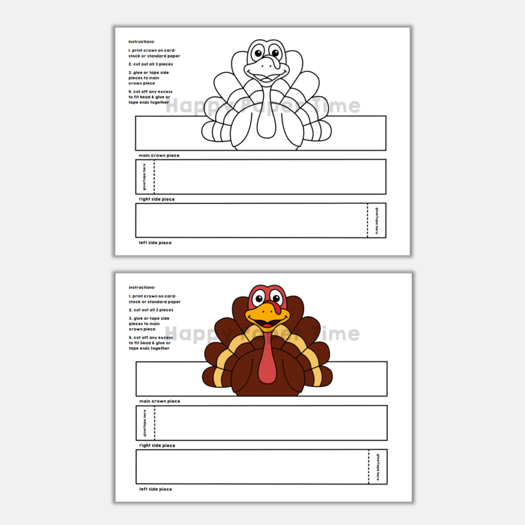 Turkey Hat Paper Crowns Printable Coloring Thanksgiving Craft Activity ...